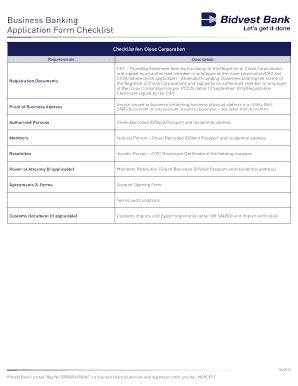 Fillable Online Business Banking Application Form Checklist Bidvest