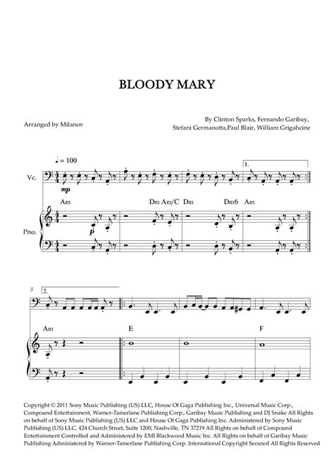 Bloody Mary Arr Milanov By Lady Gaga Sheet Music For Cello And Piano