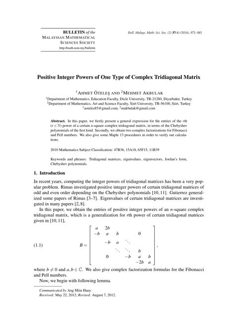 pdf positive integer powers of one type of complex tridiagonal matrix