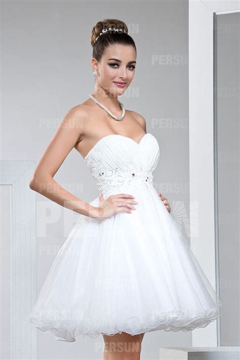 Mini robe blanche bustier coeur orné de strass à jupe évasée JMRouge fr
