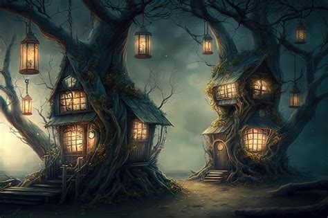 Casas de fantasía en el bosque mágico por la noche habitación de cuento