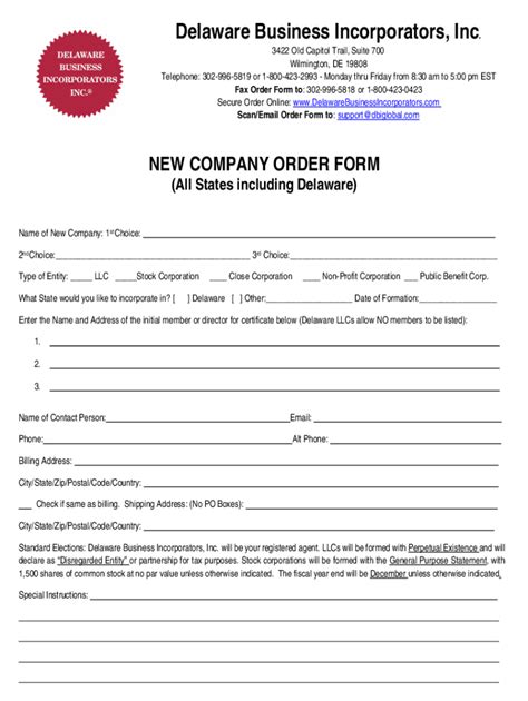 Fillable Online New Company Order Form ALL STATES For DBI Fillable