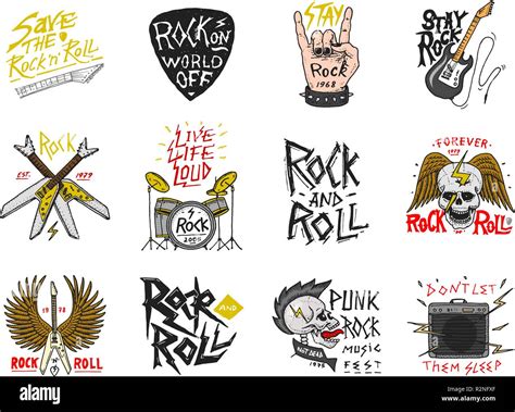 Eingestellt von Rock und Roll Musik Symbole mit Gitarre Flügel Schädel