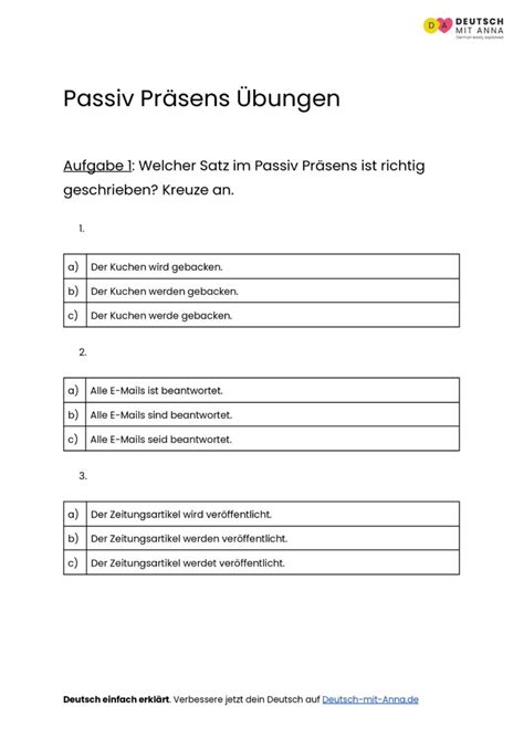 Passiv Präsens Übungen mit Lösungen A1 C1 PDF