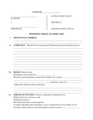 Fillable Online PETITION SMALL CLAIMS CASE Orange County Texas Fax