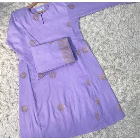 BAJU KURUNG PAHANG SONGKET COTTON TENUN CORAK BUNGA TABUR LILAC GOLD
