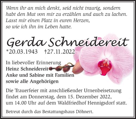 Traueranzeigen Von Gerda Schneidereit M Rkische Onlinezeitung