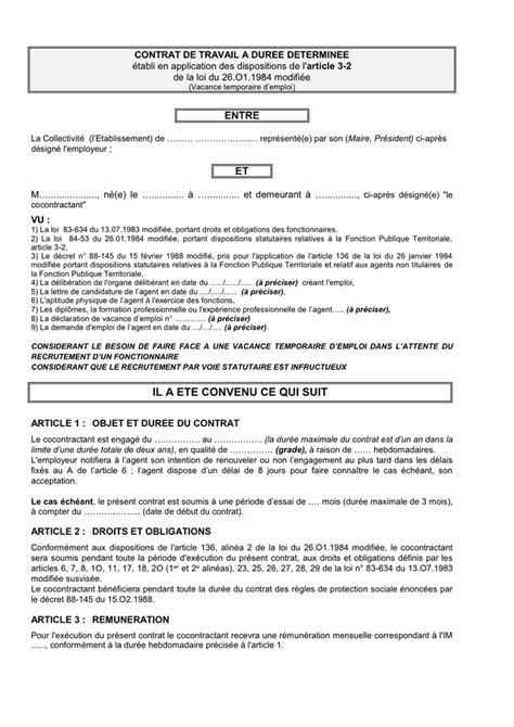 Contrat De Travail A Duree Determinee DOC PDF Page 1 Sur 2