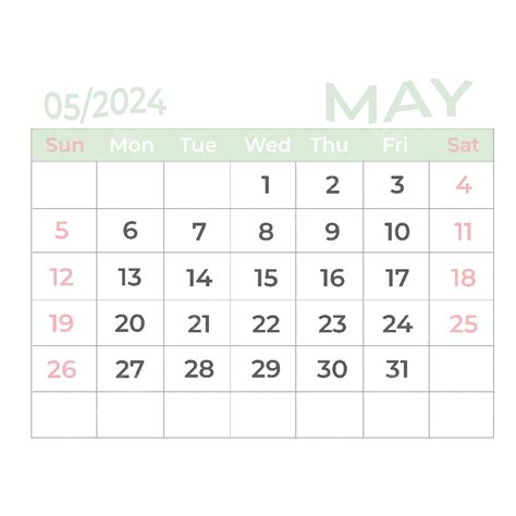 May 2024 Calendar Green Simple Style Vector 2024 Calendar Simple Png