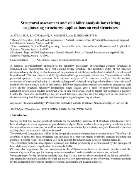 pdf structural assessment and reliability analysis for existing engineering structures