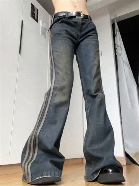 Emmiol Free Shipping 2024 Vintage Side Striped Y2K Flare Jeans Blue M