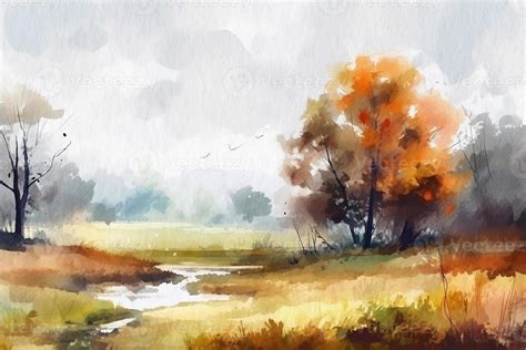Autumn Landscape Painted With Watercolors On Textured Paper Digital