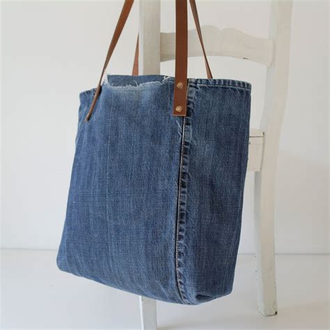 Denim Canvas Tote Bag With Lots Of Pockets Jeans Bag Denim Etsy