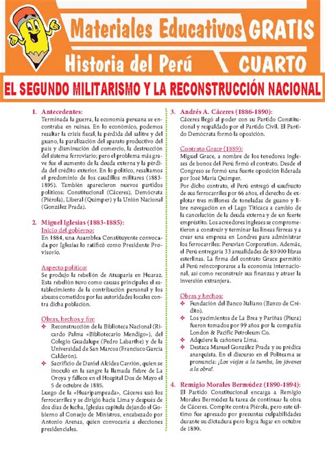 El Segundo Militarismo y la Reconstrucción Nacional para Cuarto Grado