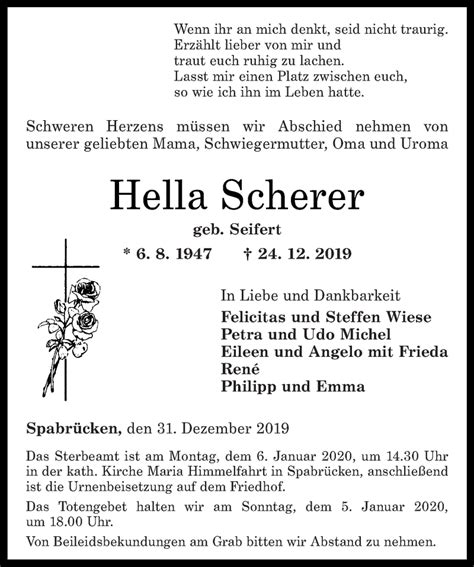 Traueranzeigen Von Hella Scherer Rz Trauer De