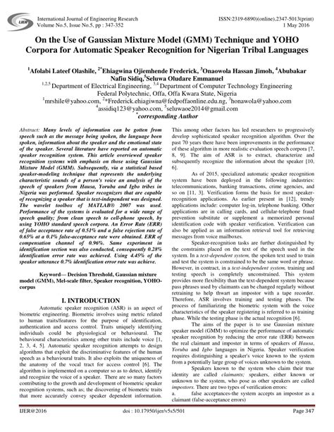 pdf on the use of gaussian mixture model gmm technique and yoho corpora for automatic
