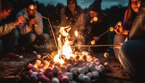 Young Adults Sitting Outdoors Smiling Around A Burning Campfire Roasting Marshmallows