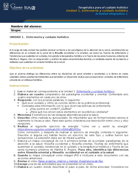 AIntegradora 1 U1 Unidad 1 Enfermería y cuidado holístico Actividad