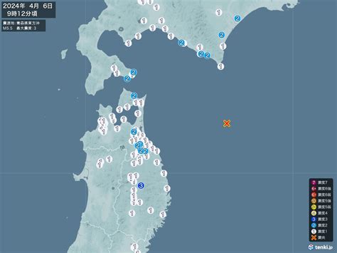 地震情報 2024年04月06日 09時12分頃発生 最大震度3 震源地青森県東方沖 拡大画像 日本気象協会 tenki jp