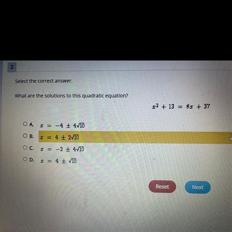 select the correct answer what are the solutions to this quadratic equation