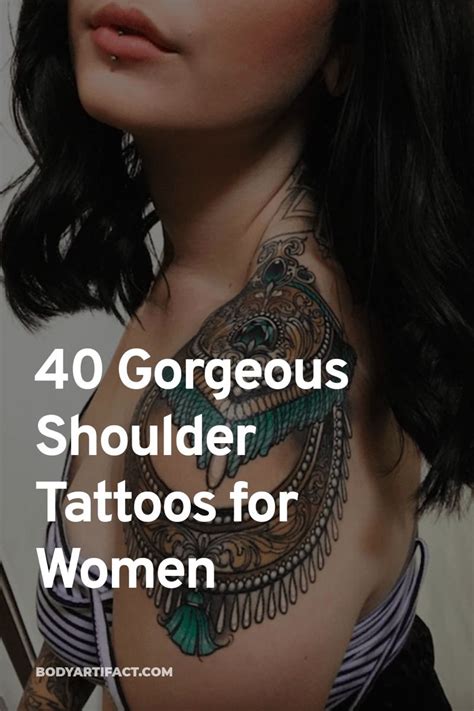 A Woman With Tattoos On Her Chest And The Words 40 Gorgeous Shoulder