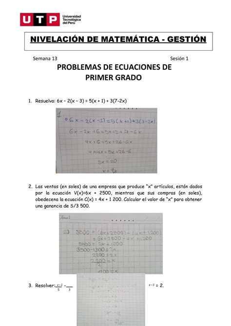 S13 S1 Ejercicios De Ecuaciones De Primer Grado NIVELACIN DE MATEM