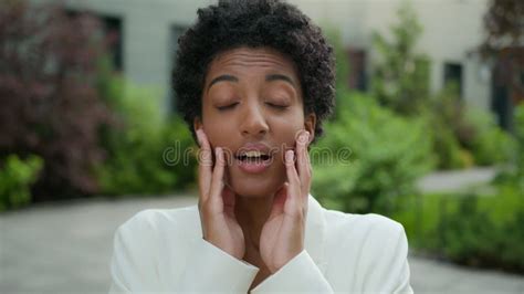 Amazed African American Woman Lady Girl Shocked Close Mouth With Hands Looking At Camera Big