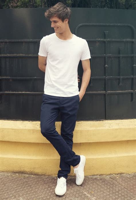 Dark Blue And Navy Casual Trouser Chinos Outfits With White T Shirt