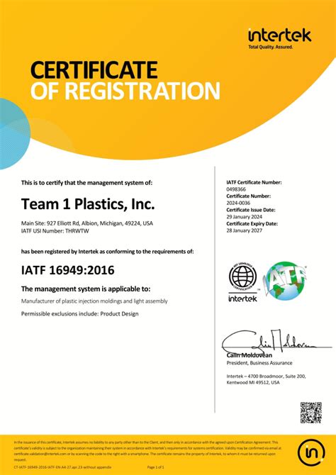 IATF 16949 Certificate Team 1 Plastics