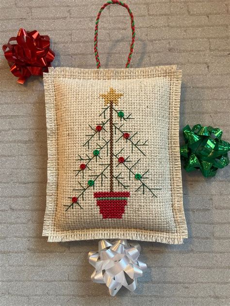 Cross Stitch Button Tree Ornament Crafty Christmas Decoration Folk