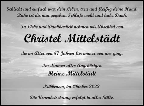 Traueranzeigen von Christel Mittelstädt Trauer Nordkurier