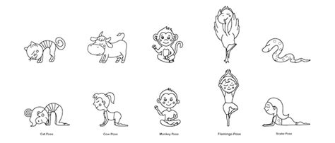 Satz Von Kinder Yoga Tier Posen Katze Kuh Affe Flamingo Schlange