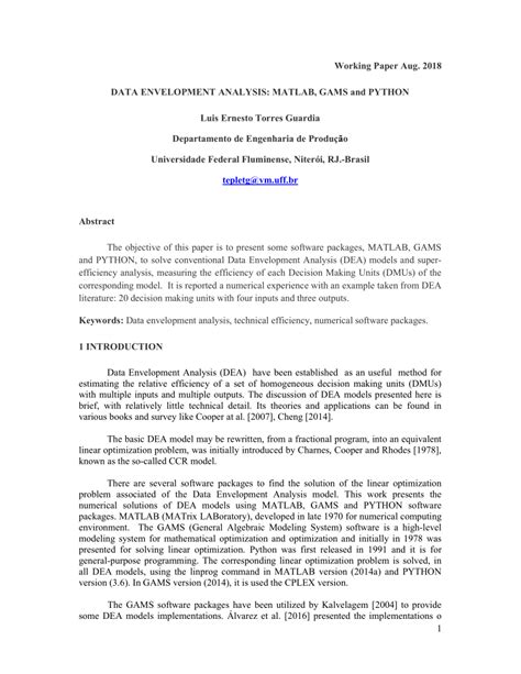 pdf data envelopment analysis matlab gams and python