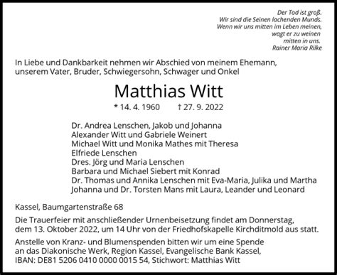 Traueranzeigen Von Matthias Witt Trauer HNA De