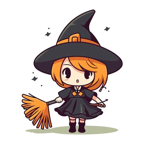 Linda niña bruja con sombrero y escoba ilustración vectorial Vector