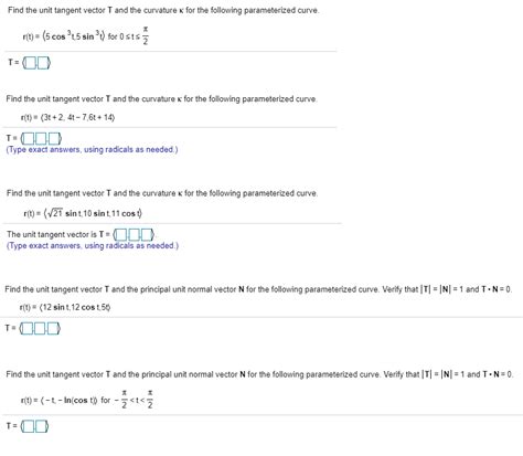 solved find the unit tangent vector t and the curvature k