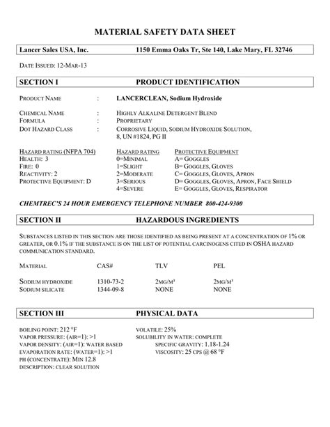 Sodium Hydroxide Safety Data Sheet