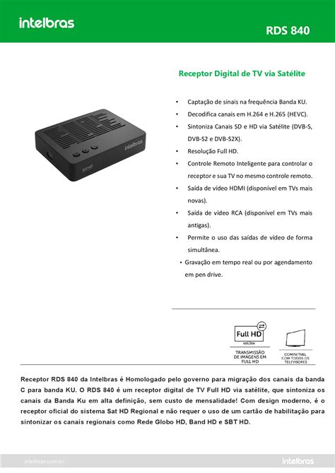 Receptor digital de TV via Satélite c gravador RDS 840 Intelbras