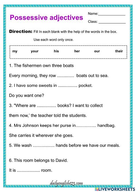 Possessive Adjective 2 Worksheet Possessive Adjectives Adjectives