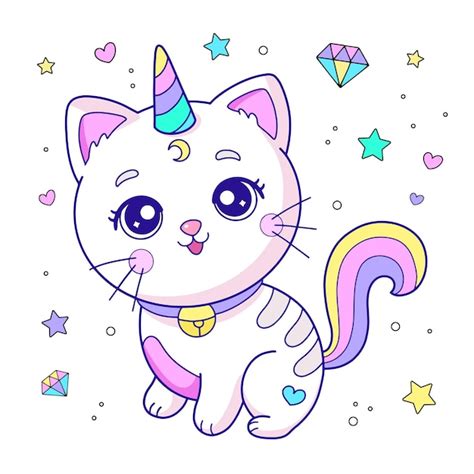 Lindo kawaii bebé caticorn gato unicornio Vector Premium