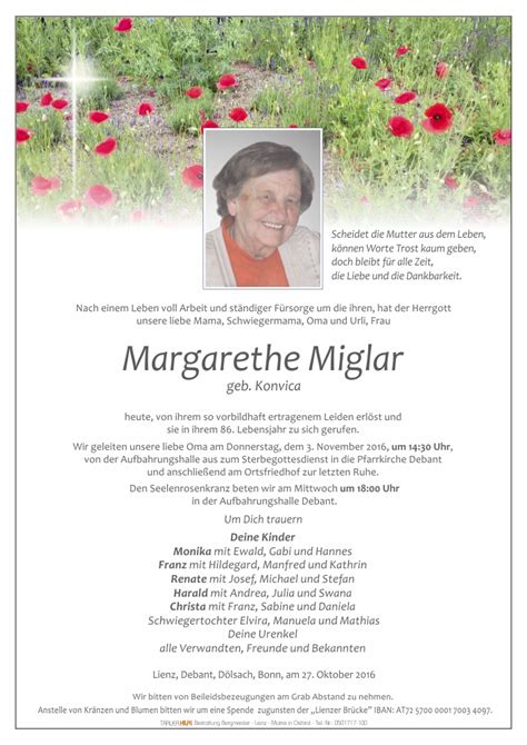 Todesanzeige Margarethe Miglar Trauer Link
