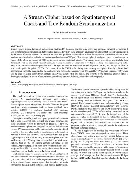 pdf a stream cipher based on spatiotemporal chaos and true random synchronization