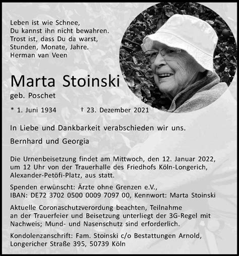 Traueranzeigen Von Marta Stoinski WirTrauern