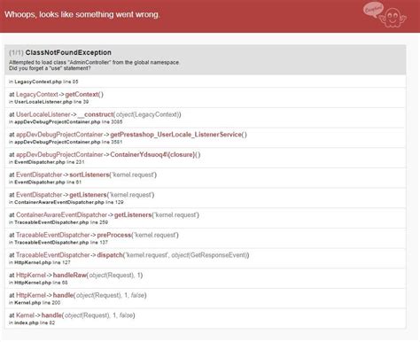 classnotfoundexception attempted to load class admincontroller from the global namespace