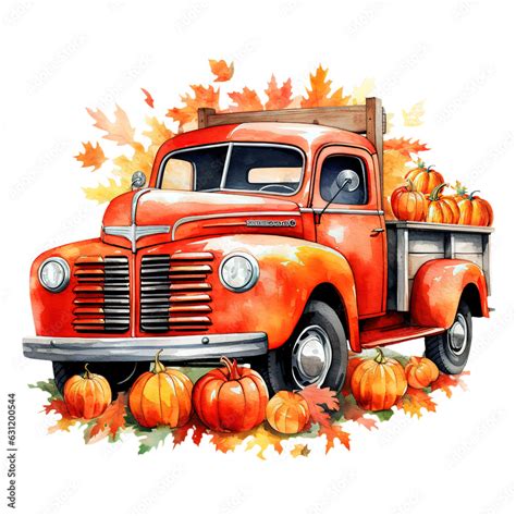 Red Truck With Pumpkins And Autumn Leaves Watercolor Clipart Isolated
