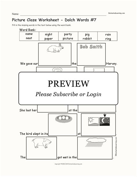 Picture Cloze Worksheet Dolch Words 7 Enchanted Learning