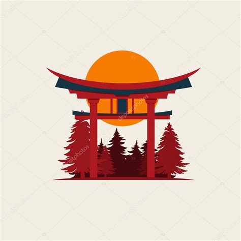 Puerta japonesa Torii con silueta de árboles y sol Símbolo de Japón