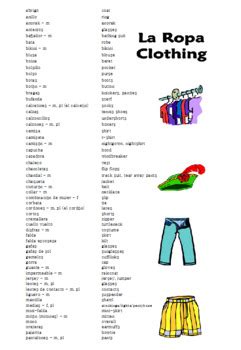 Spanish Clothing Vocabulary Reference With Colors And Patterns By Sue