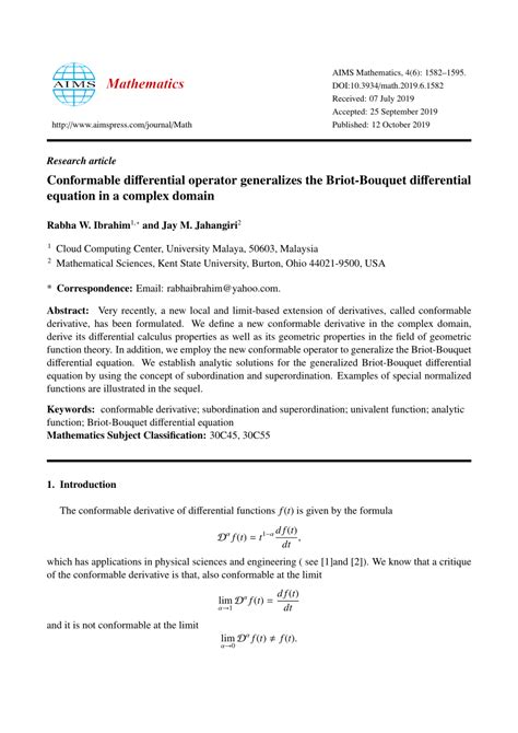 pdf conformable differential operator generalizes the briot bouquet differential equation in a