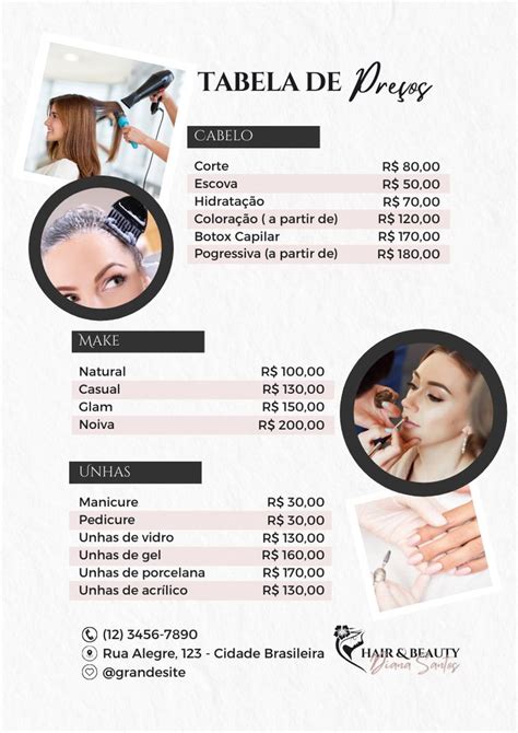 Panfleto tabela de preços para salão de beleza simples em branco e